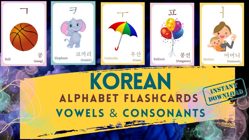 KOREAN Alphabet FLASHCARD Vowels and Consonants , Single and Double ...