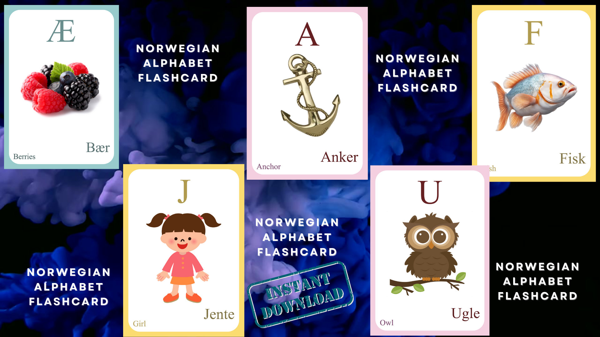 NORWEGIAN Alphabet FLASHCARD With Picture, Learning Norwegian ...