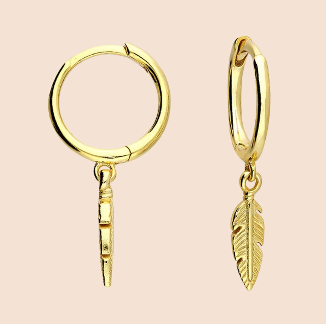 Gold Feather Hoop Drop Earrings - Etsy