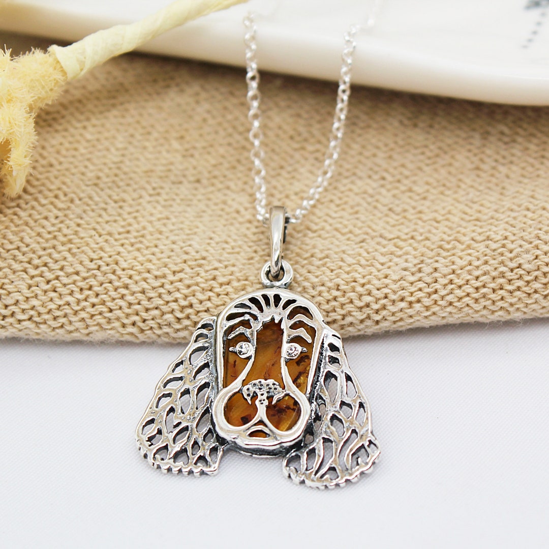 Sterling Silver Cocker Spaniel Dog Necklace Set With Cognac Amber - Etsy