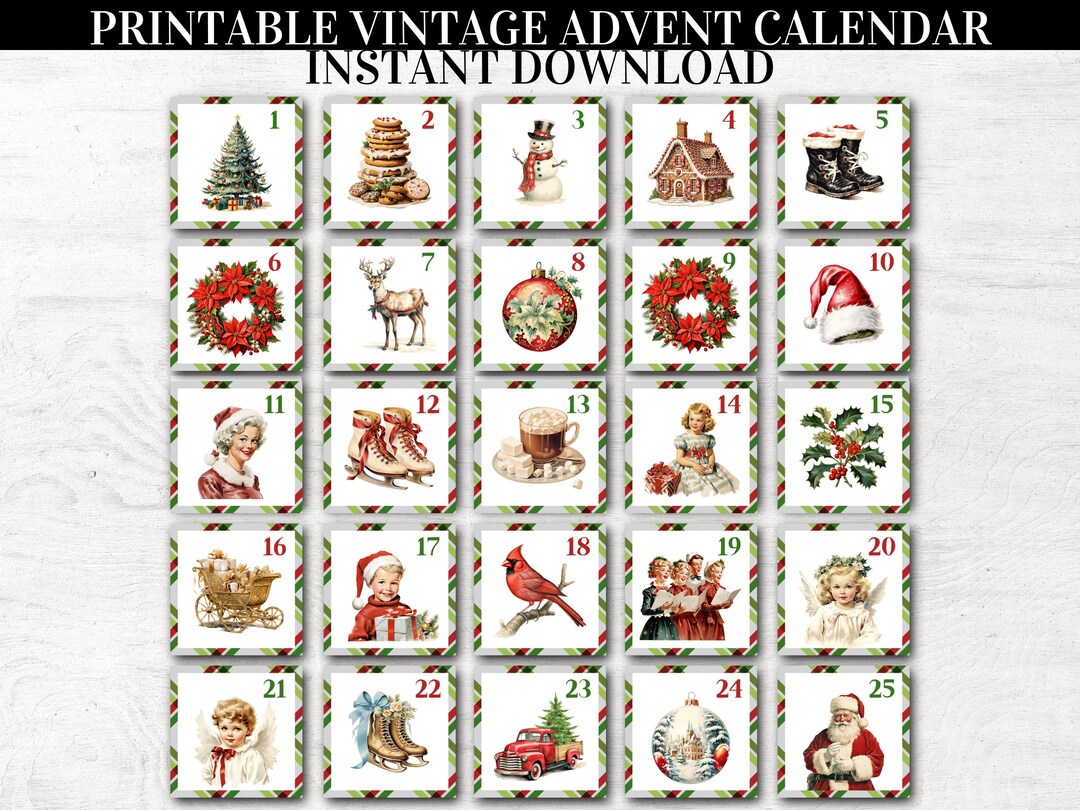 Printable Vintage Advent Calendar, Kids Christmas Countdown, Advent ...