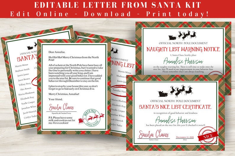 Editable Letter From Santa Kit Nice List Certificate Naughty - Etsy