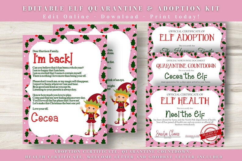 Printable Elf Quarantine Kit, Elf Adoption Certificate, Girl Elf ...