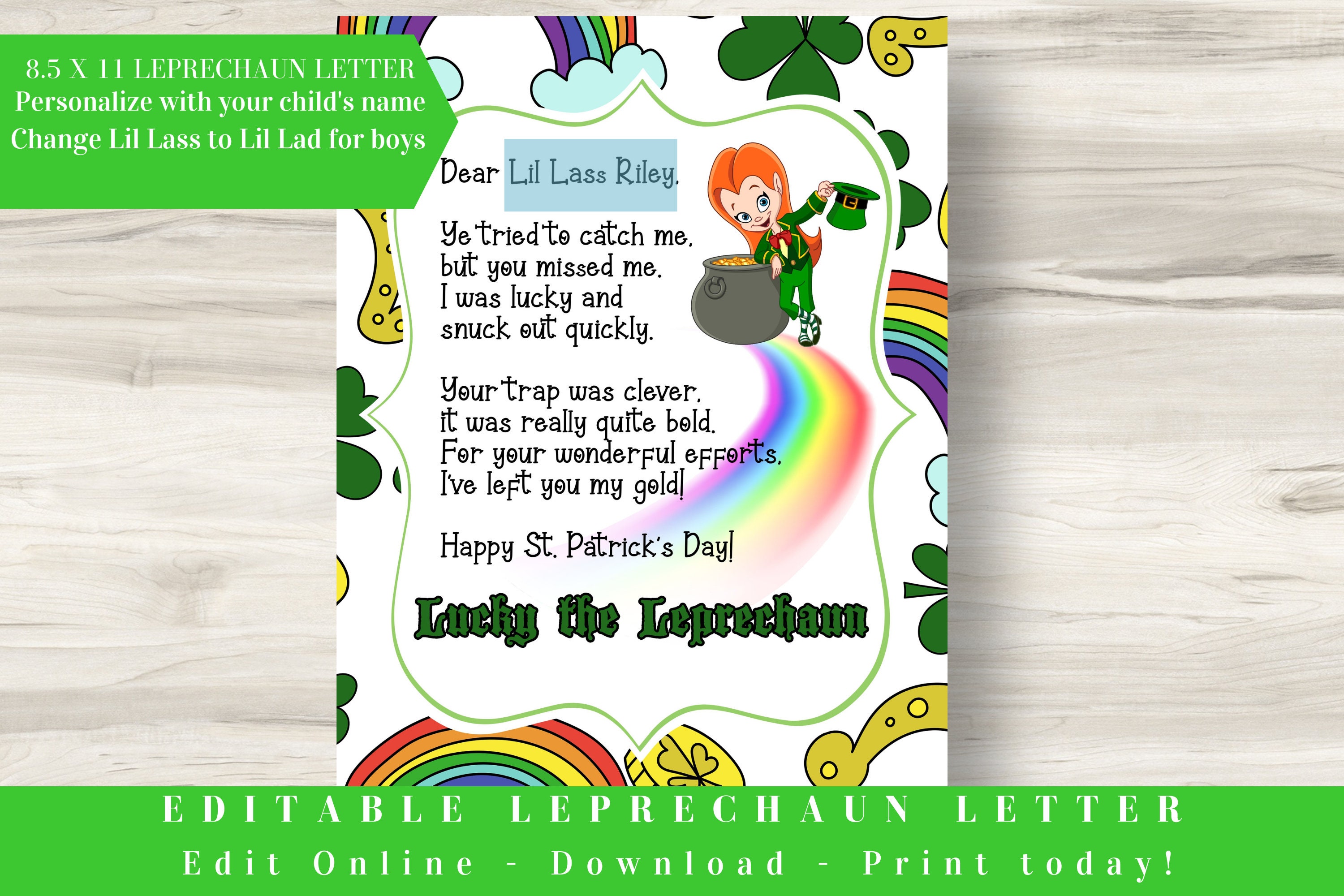 Editable Letter for Leprechaun Trap Kit Personalized - Etsy
