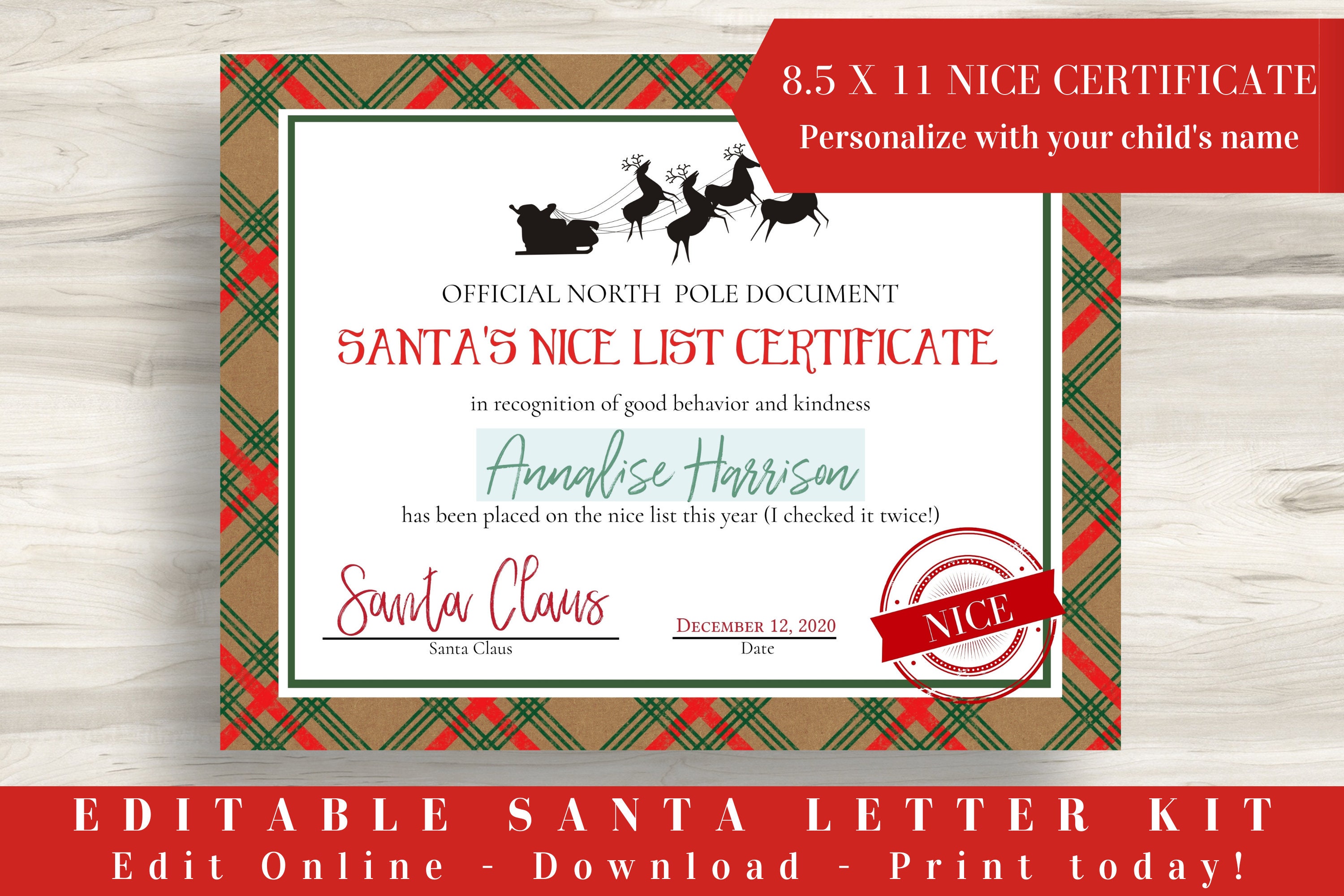 Personalized Letter From Santa Kit, Nice List Certificate, Official ...