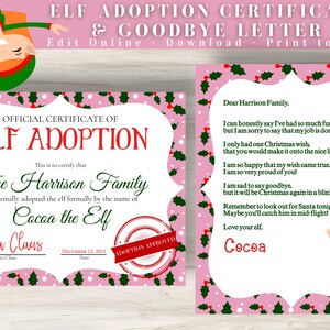 Printable Elf Adoption Certificate Elf Goodbye Letter Girl - Etsy
