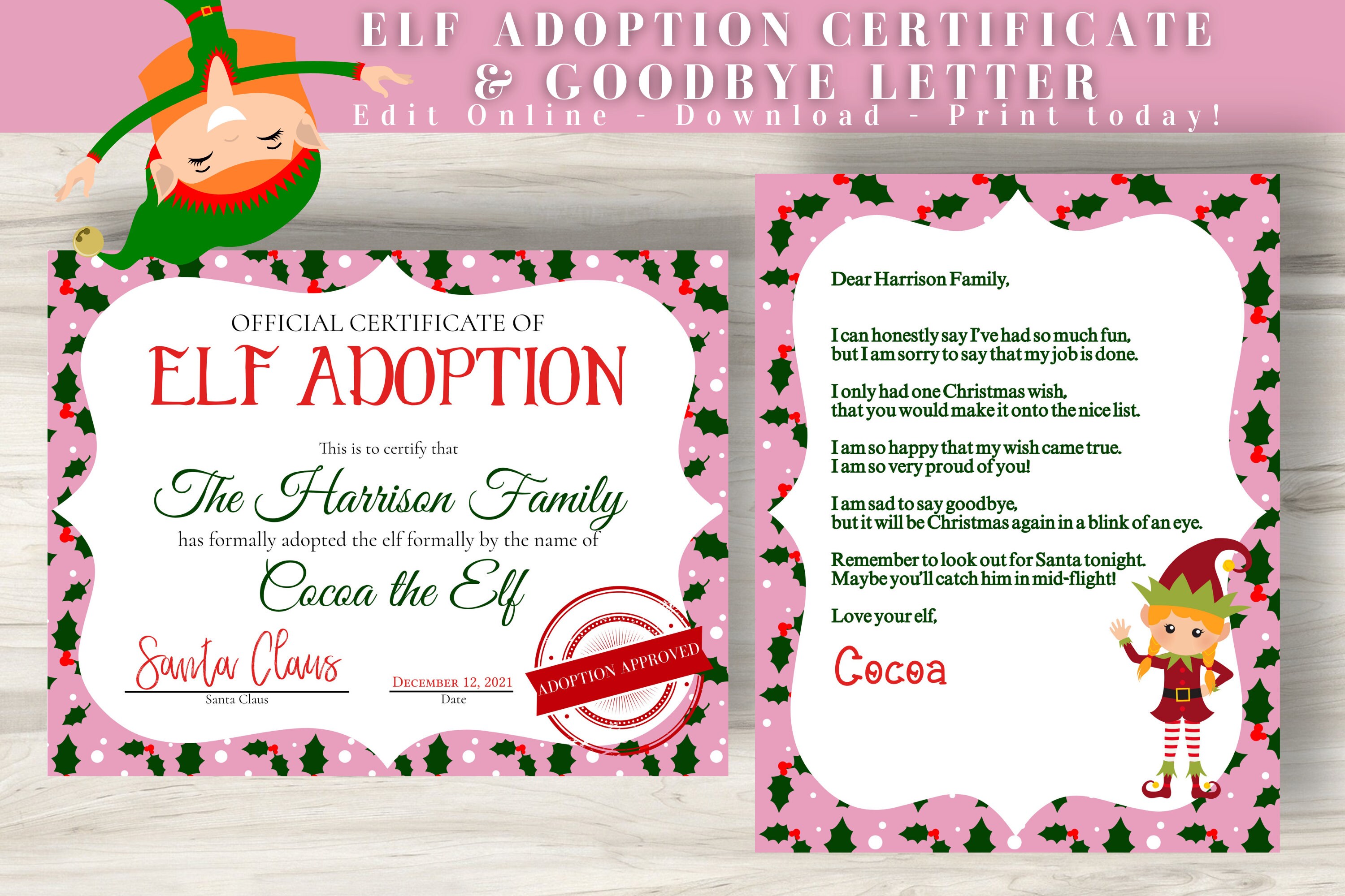 Printable Elf Adoption Certificate Elf Goodbye Letter Girl - Etsy