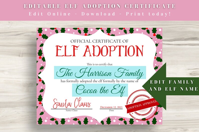 Printable Elf Quarantine Kit, Elf Adoption Certificate, Girl Elf ...