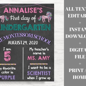 Unicorn First Day of School Sign Printable Girl Back to - Etsy