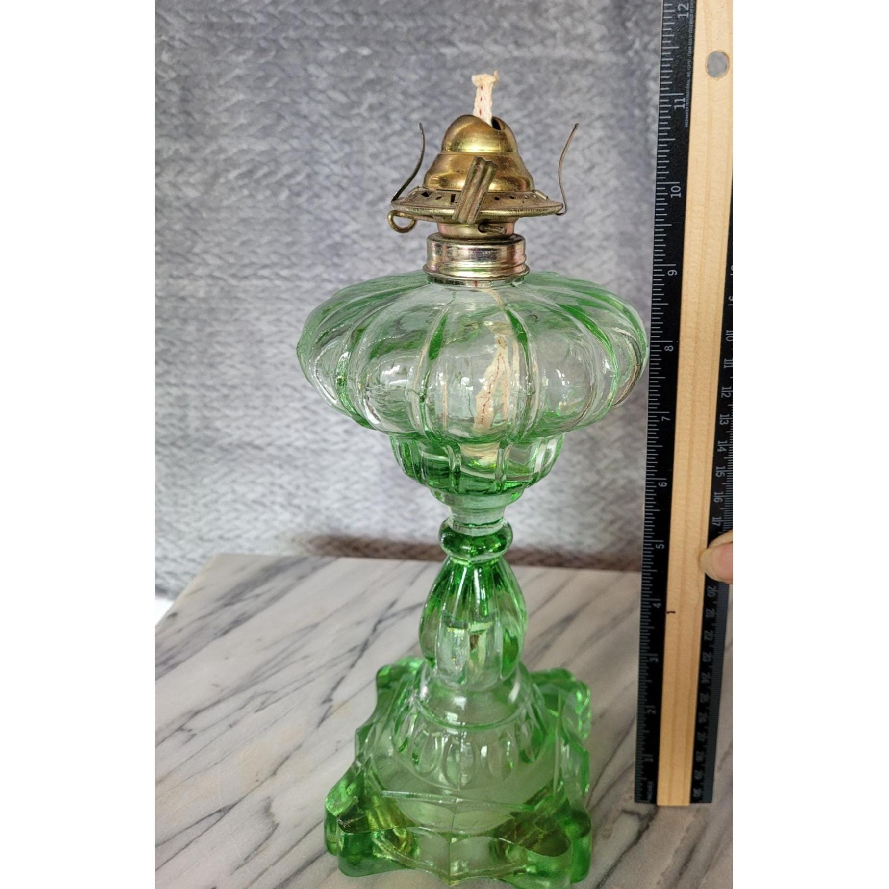 Vintage Green Depression Glass Oil Lamp With Brass Burner 11 - Etsy Vintage Green Depression Glass Oil Lamp With Brass Burner 11 - Etsy