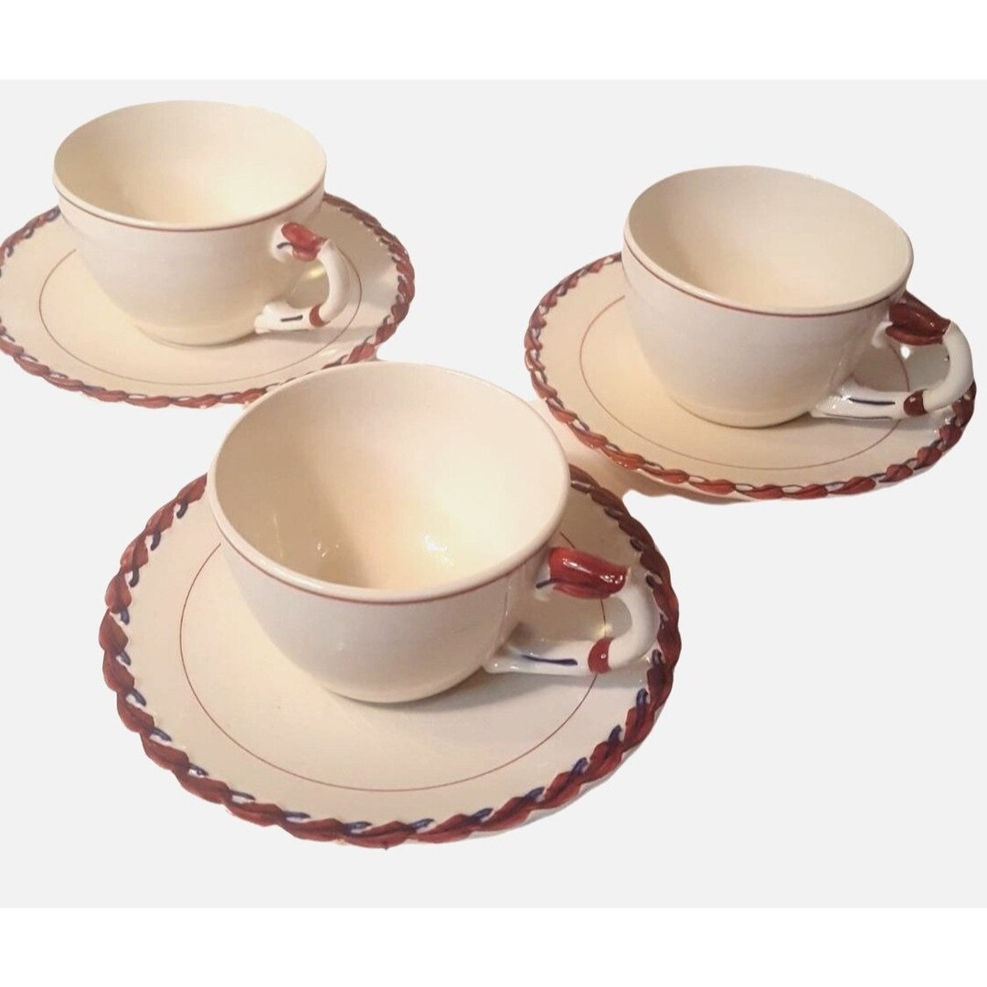 Vernon Kilns Monterey Vintage Red and Blue Band Cup and Saucer Set of 3 ...