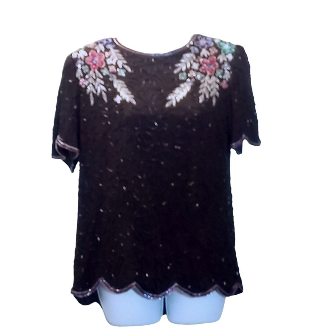 Womens Black Silk Evening Top Beads Sequins L Formal Short Sleeve ...