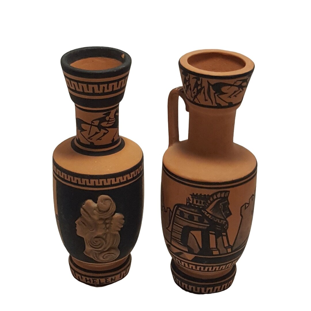 Two Terra Cotta Hand Painted Vases Helen Troy Trojan Horse Mexican ...