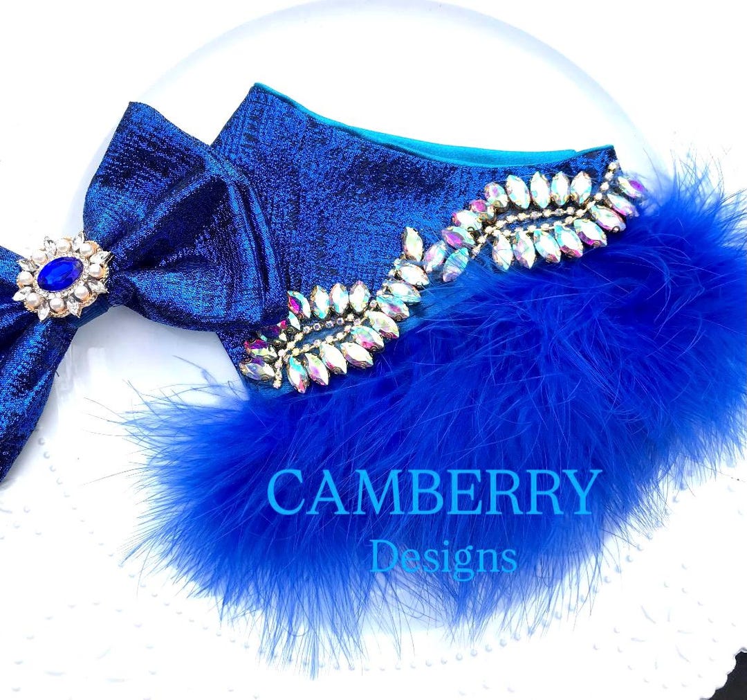 Cat/dog Bandana Blue Lame Fabric Blue Feather Trim Rhinestone Curved ...