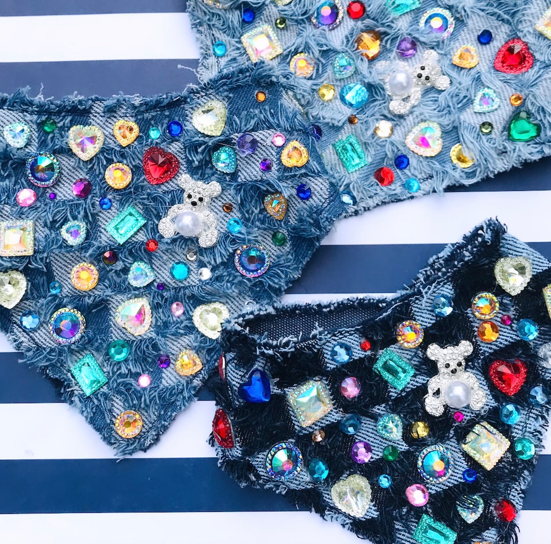 Cat/dog Bandana Blue Denim Fringe Denim Gems Rhinestone Bear - Etsy