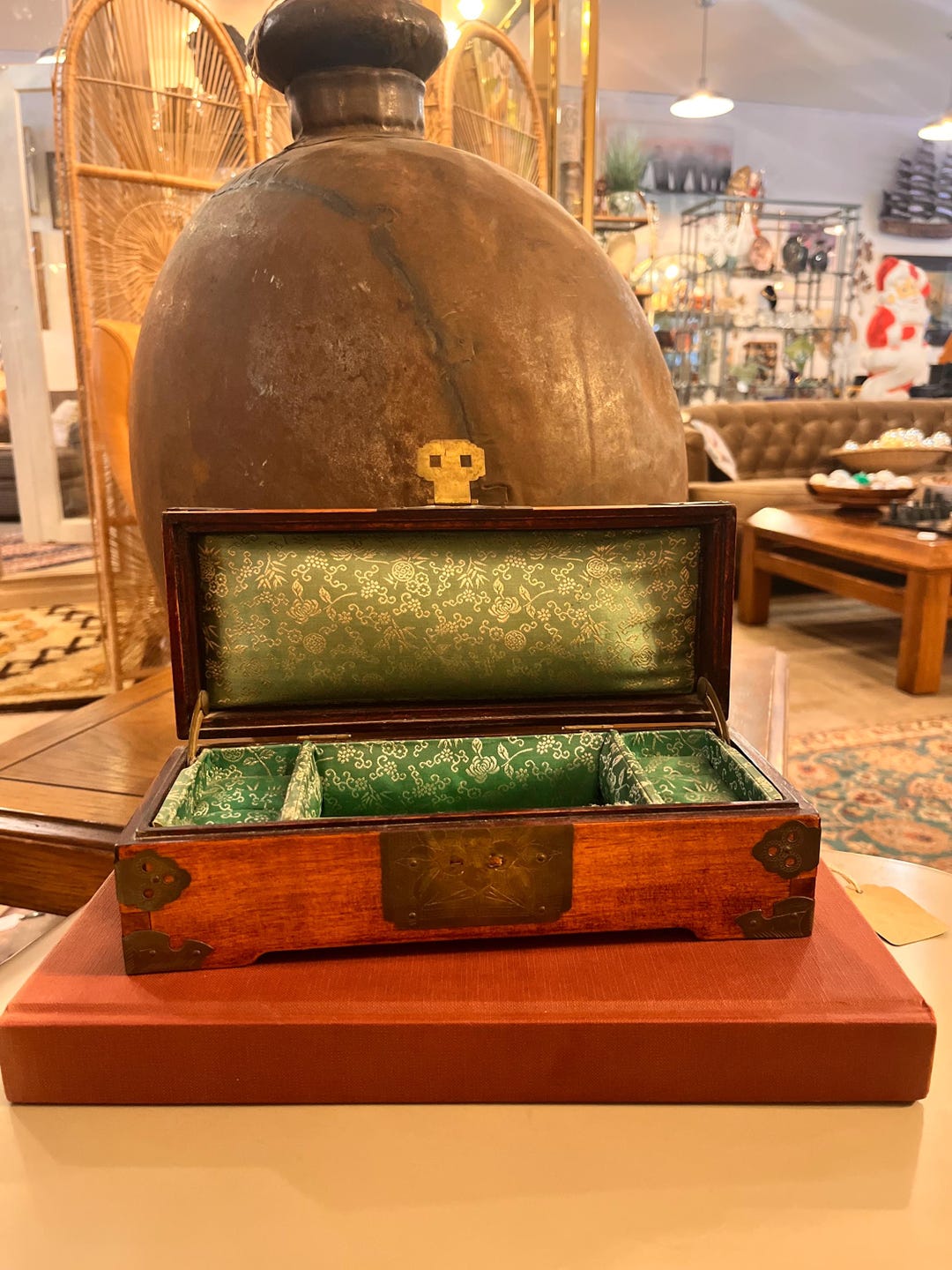 Vintage Shanghai Chinese Wooden Jewelry Box With Brass Hardware & Jade ...