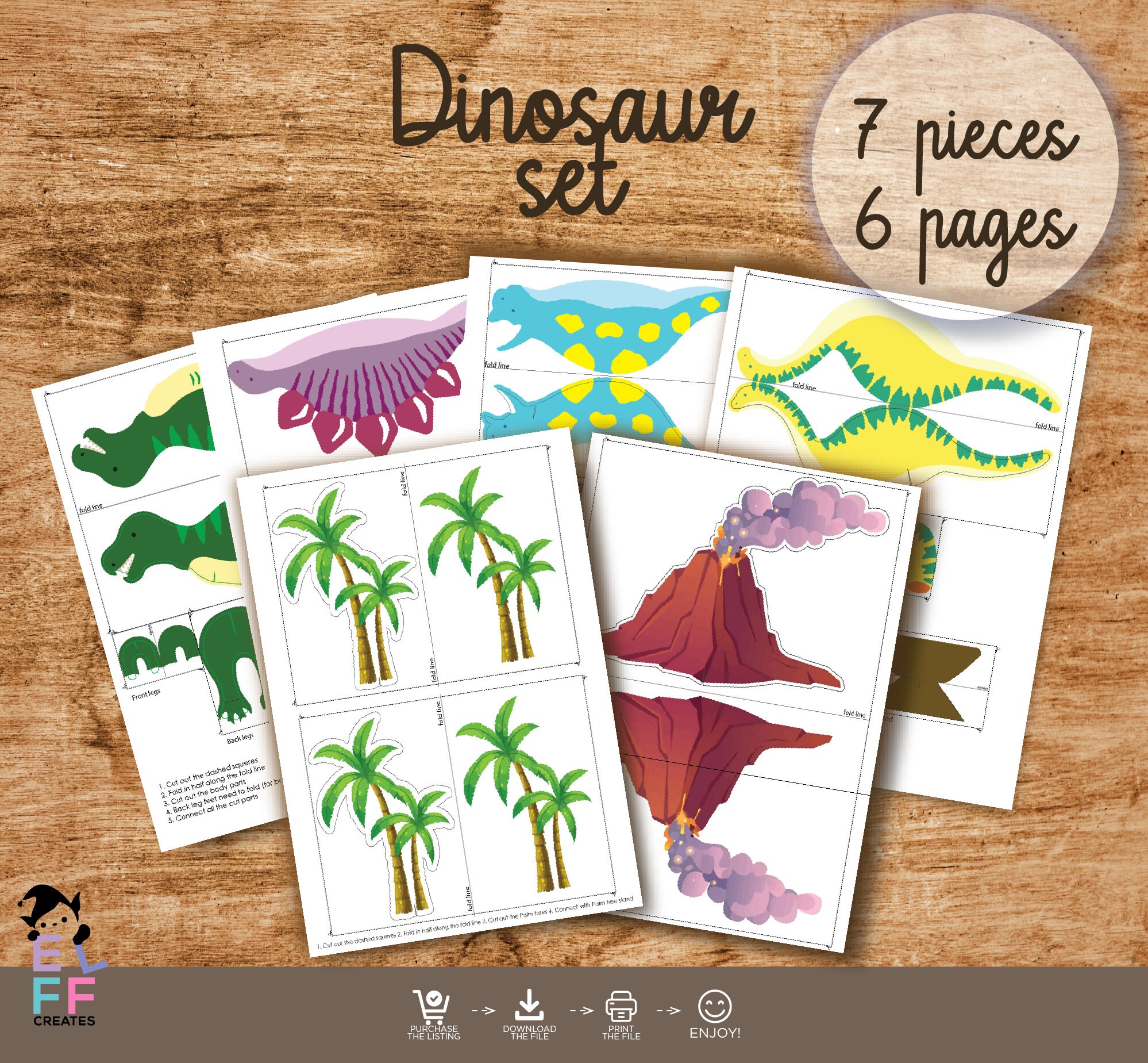 Printable Dinosaur Set for Kids Paper Craft Activity Toddler Activities ...