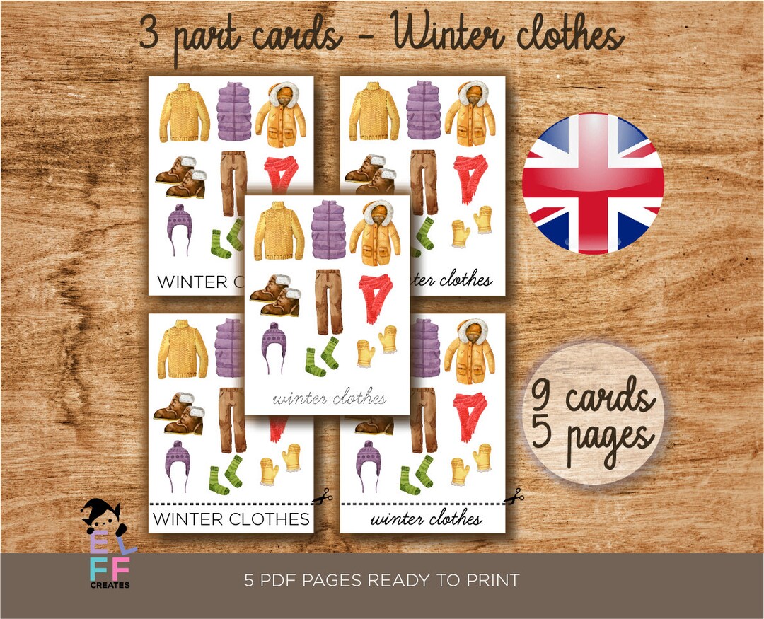 WINTER CLOTHES FLASHCARDS 3 Part Cards Montessori Learning Material ...