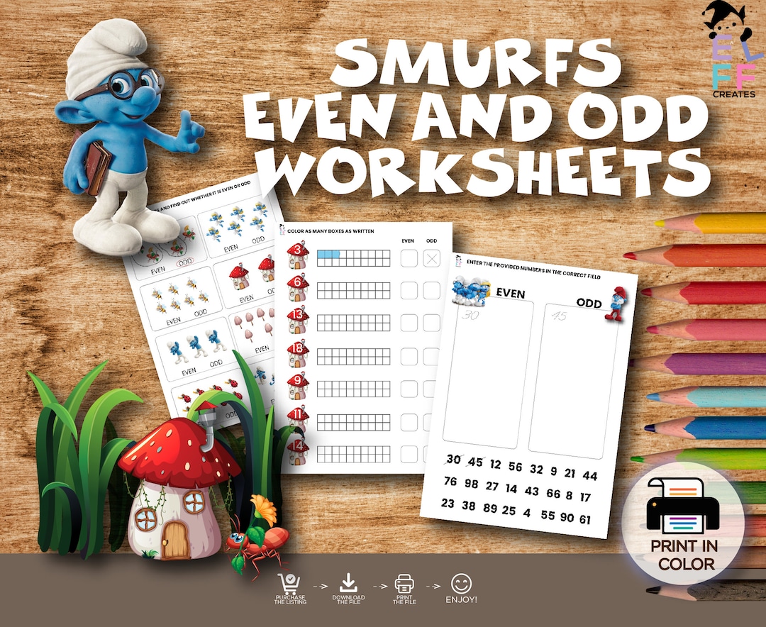 Printable Smurfs Worksheets Even and Odd Numbers Homeschool Montessori ...