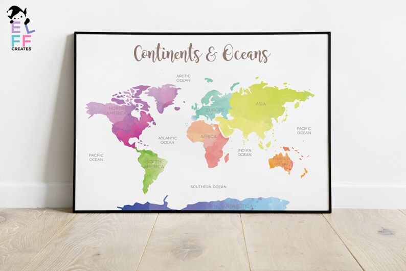 Printable Poster Continents and Oceans Map of the World Wall Art ...