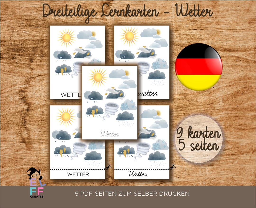 WEATHER Flash Cards in German, 9 Montessori Cards, Flash Cards ...