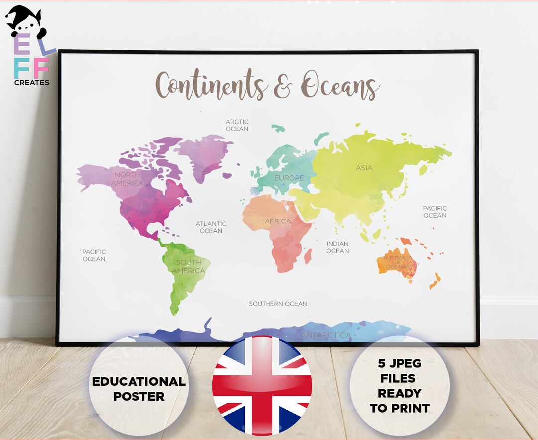 CONTINENTS AND OCEANS Poster - World Map - Educational Printable ...