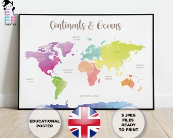 Printable Poster Continents and Oceans Map of the World Wall Art ...