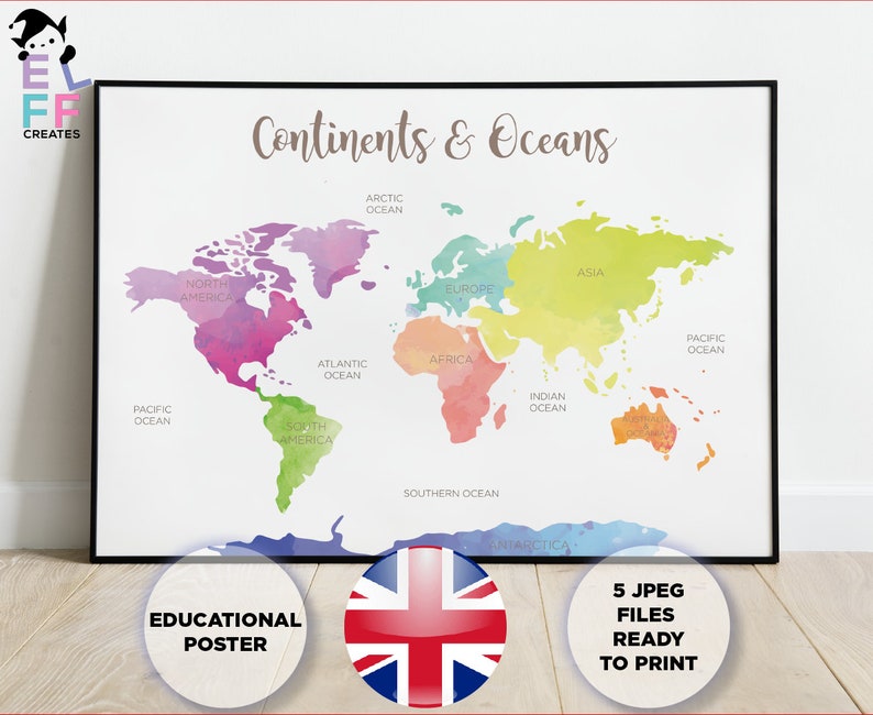 CONTINENTS AND OCEANS Poster - World Map - Educational Printable ...