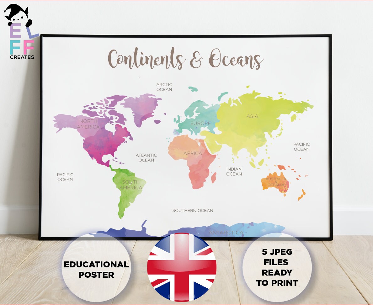 Printable Poster Continents and Oceans Map of the World Wall Art ...