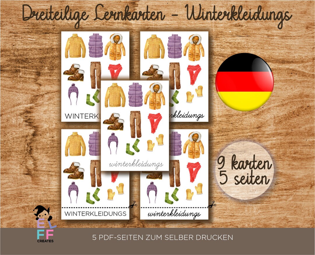WINTER CLOTHES Flash Cards in German - Montessori Cards - Nomenclature ...