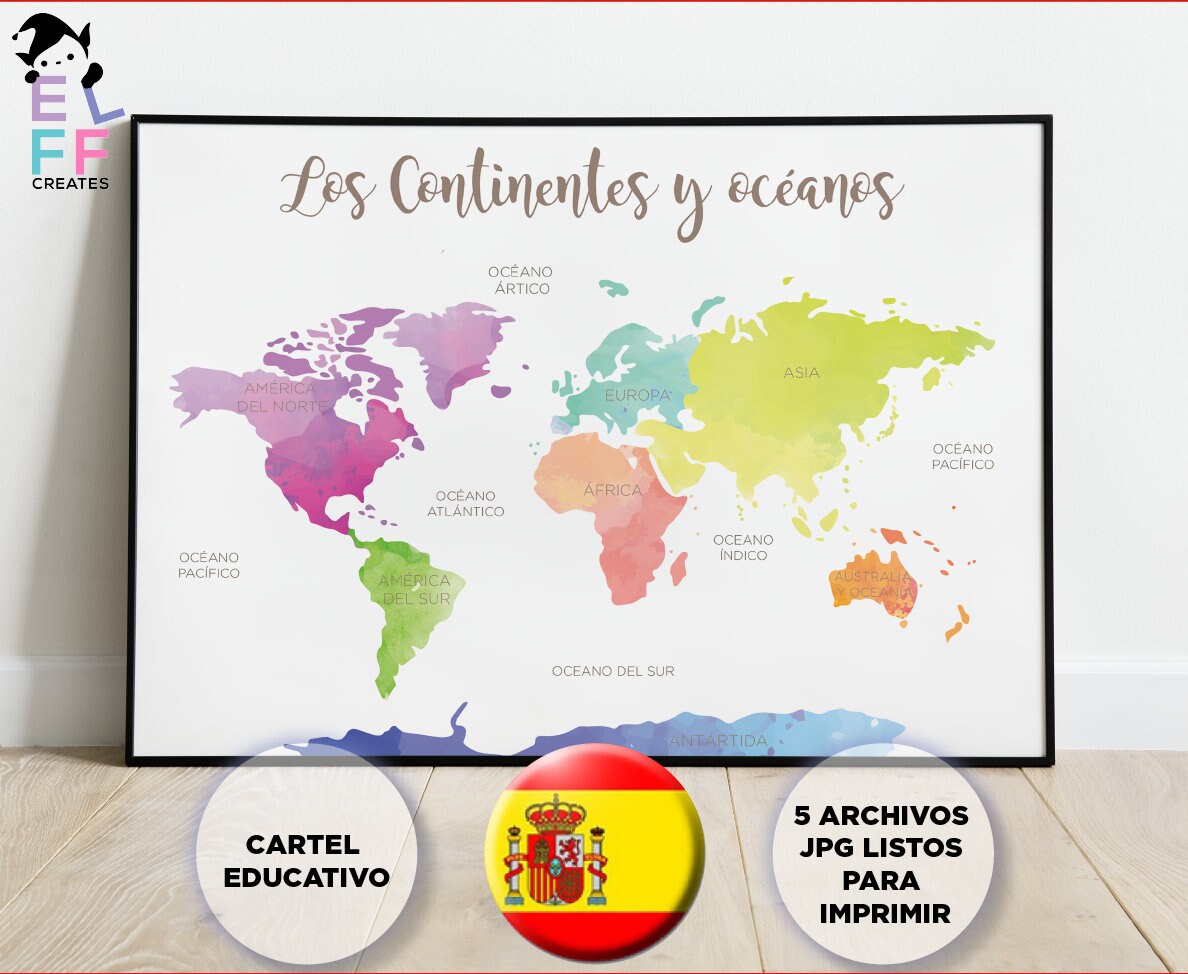 CONTINENTS AND OCEANS Poster Printable Learning Material in Spanish ...