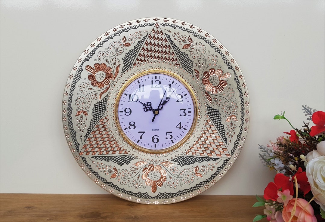 Engraved Decorative Round Wall Clock,silver Plated Copper Wall Clock ...