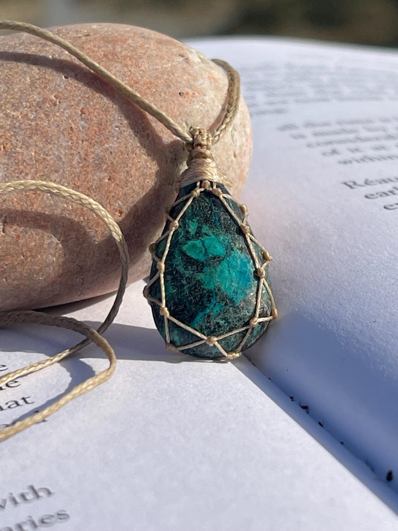 Stunning Macrame Chrysocolla Necklace on an Adjustable Cord. Handmade ...