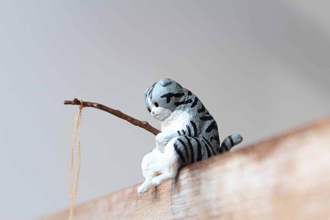 Black Stripes Scottish Fold Fishing Cat With a Fishing Rod Figurine Toy ...