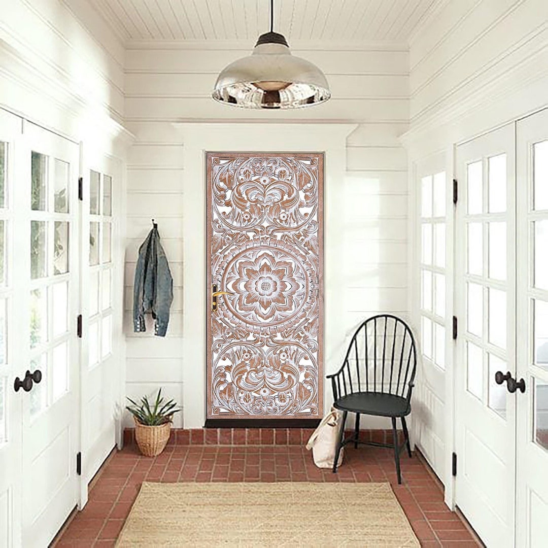 Custom Carved Whitewashed Mandala Door, Antique Barn Door, Interior ...