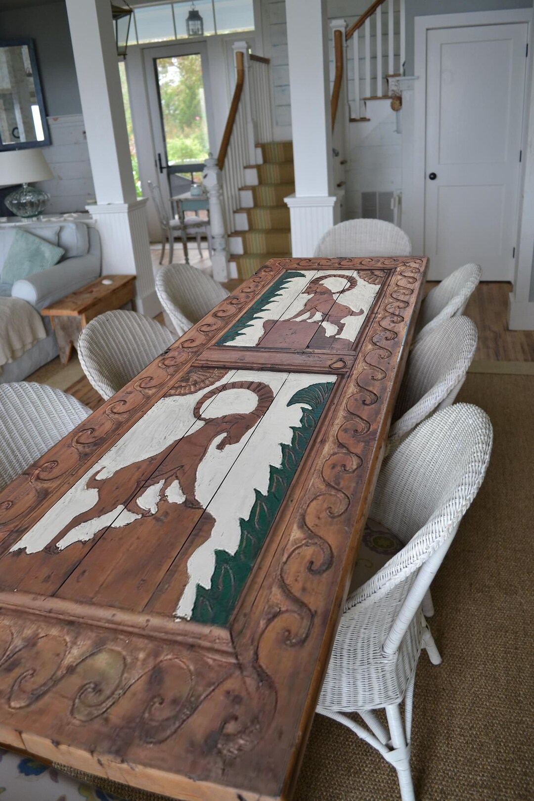 Barn Wood Rustic Dining Table, Wild Goat Carved Custom Size Dining ...