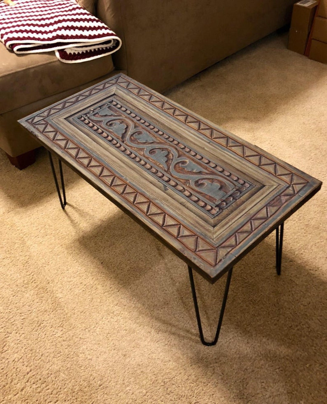 Hand-carved Solid Wood Coffee Table, Hairpin Legs Wooden Table ...
