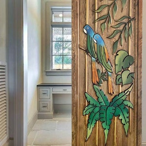 Palm & Parrot Carved Farmhouse Barn Door, Custom Size Entrance Front ...