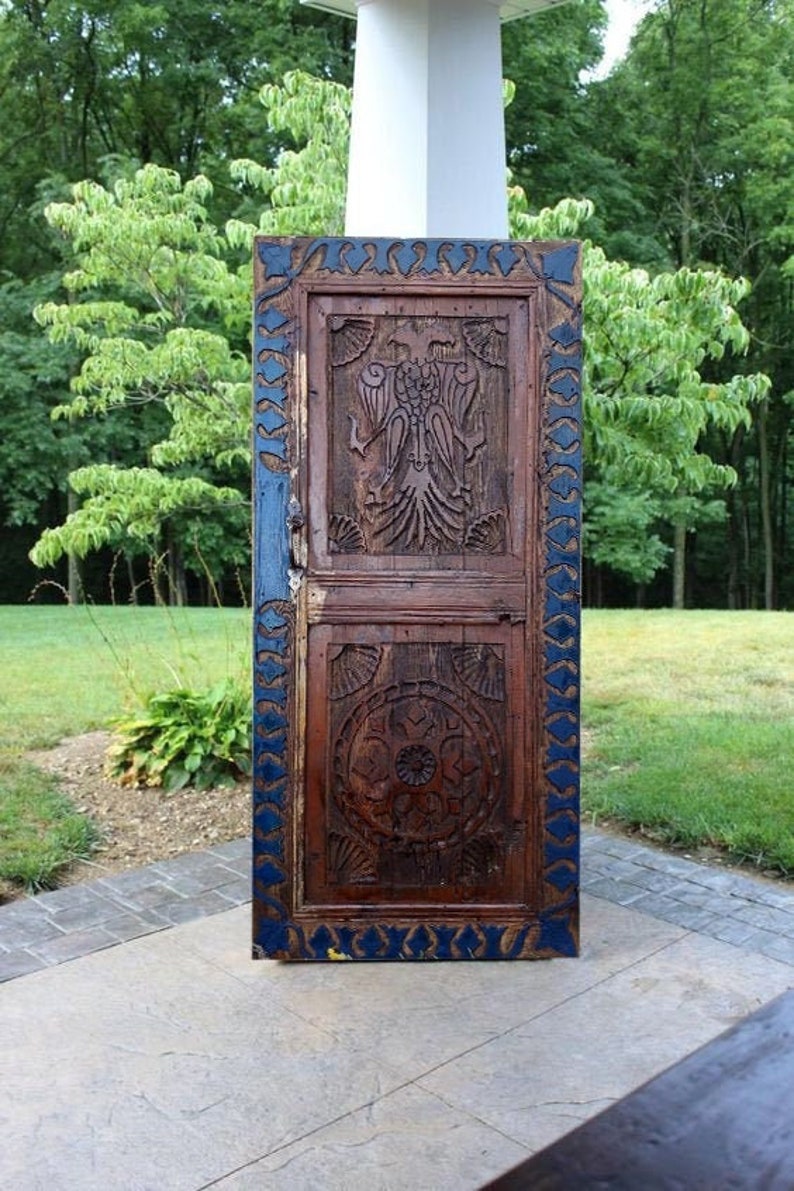 Hand Carved Wooden Door: Tribal Sun & Eagle Motifs, Blue Trim - Custom ...