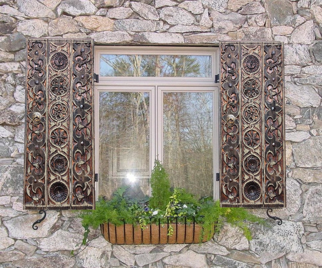 Rustic Wood Window Shutters - Hand-carved Indoor, Outdoor Exterior ...