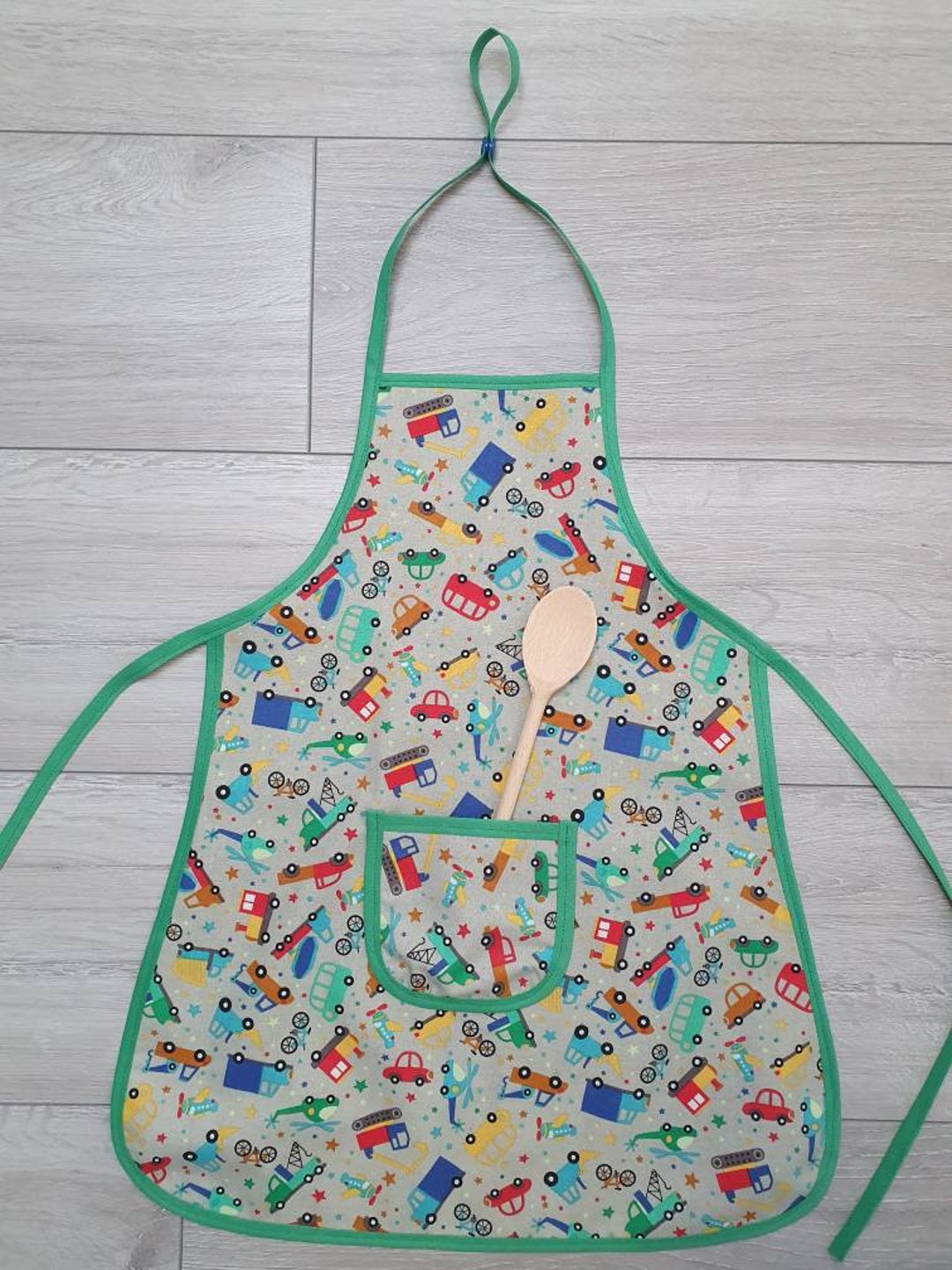 Children's Apron vehicles Grey Including Wooden Spoon With Desired Name ...