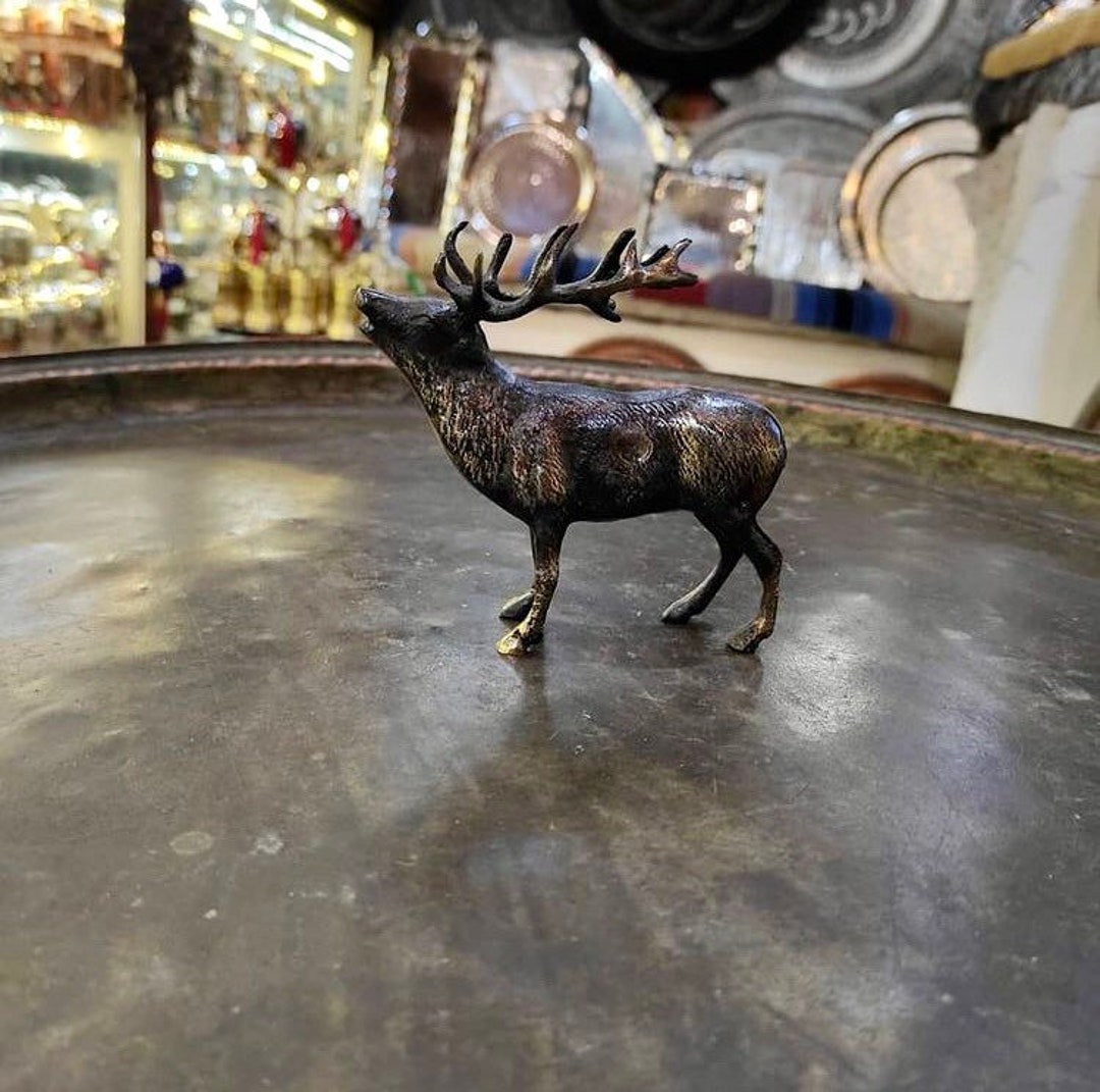 Copper Deer Figurine, Handmade Brass Deer Bibelot, Gold Deer Antlers ...