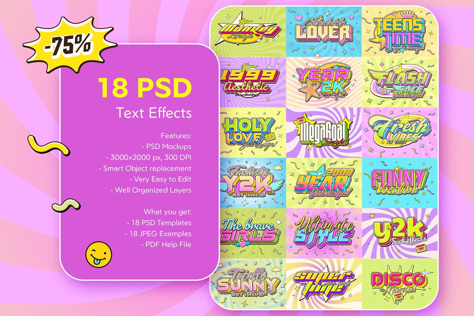 Y2k Text Effects Bundle - 18 PSD Text Effects - Year 2k Design - Etsy