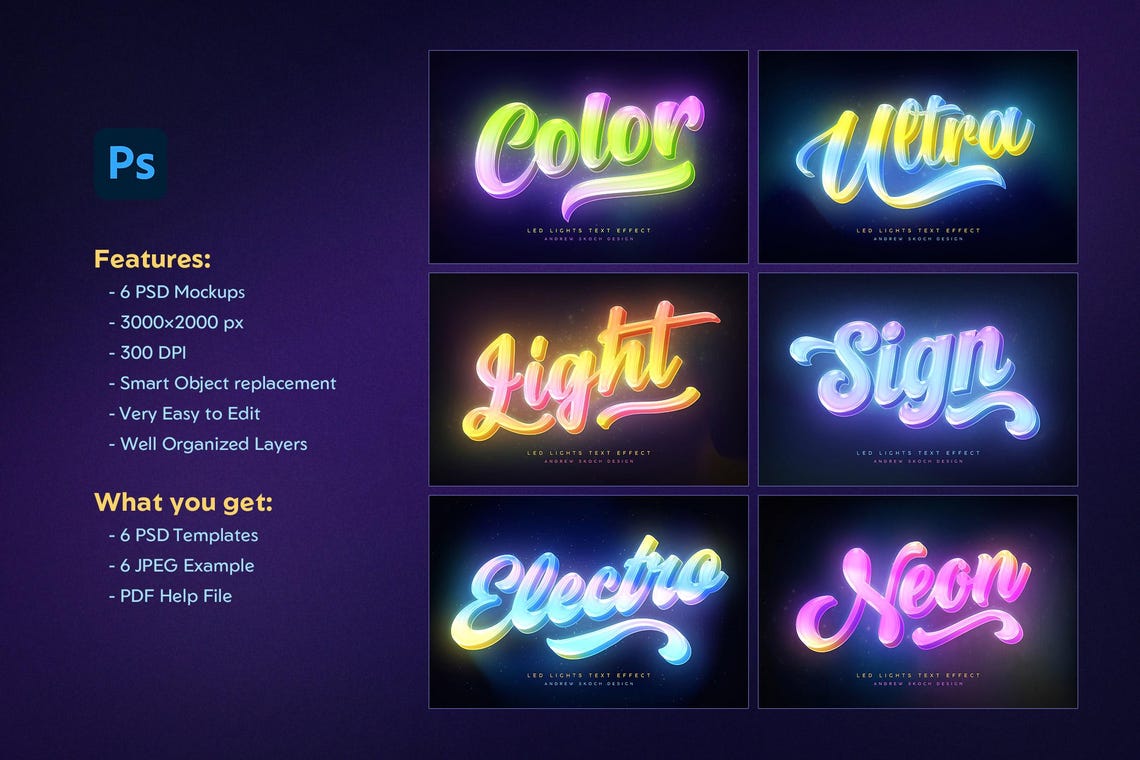Led Lights - 6 Photoshop Text Effects - 6 PSD - Etsy