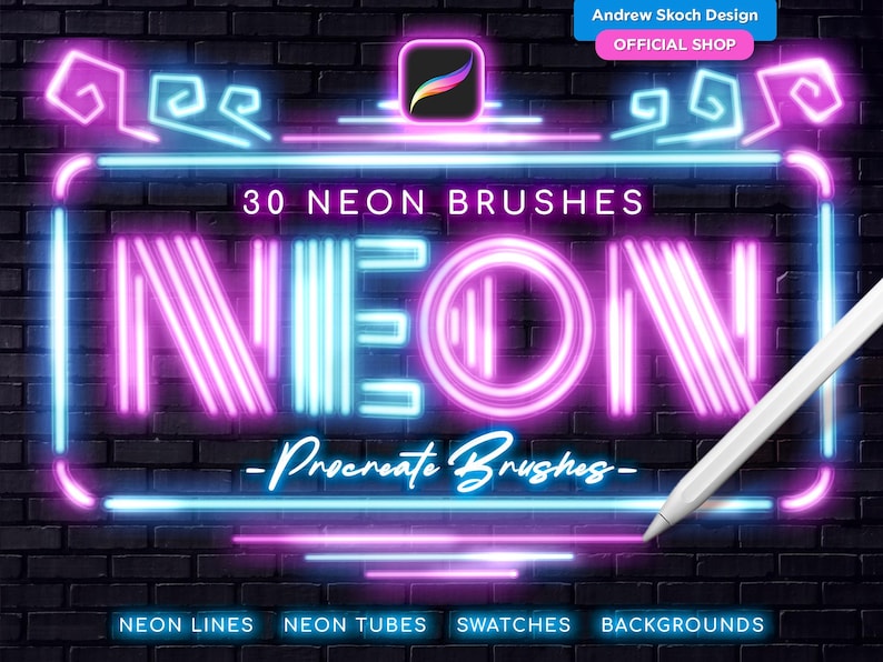 Neon Procreate Brushes; Neon Sign Procreate Brush Set; Neon Brushes Brushset; Neon Sign on Brick ...
