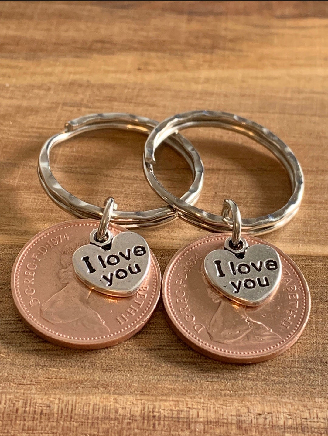 50th Wedding Anniversary Polished 1974 Coin & Charms on Keyrings in ...