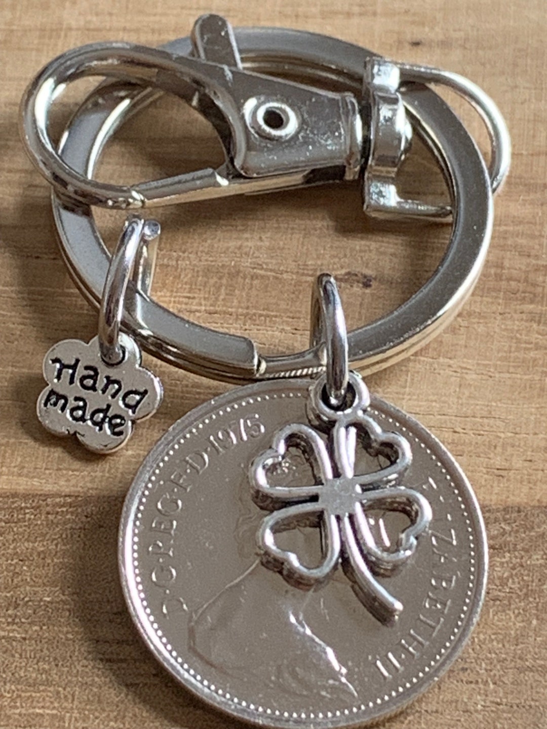 1975 Polished Coin & Four Leaf Clover Charm Keyring Birthday GIFT for ...