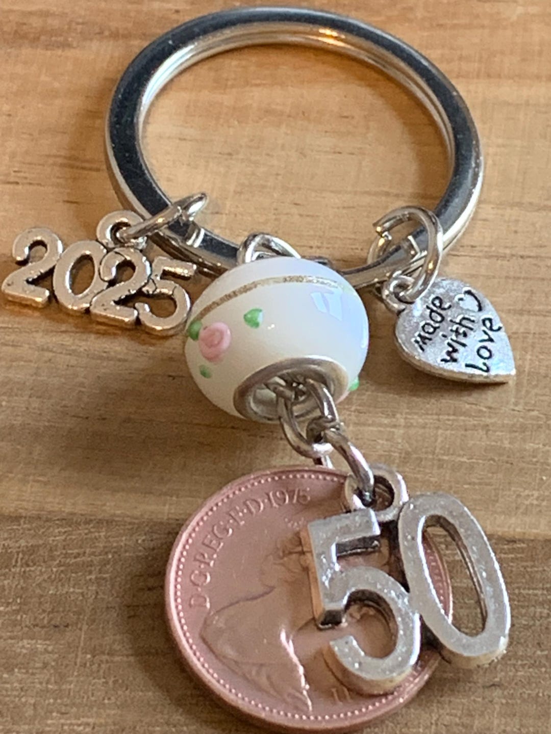 50th Birthday Polished 1975 Lucky Penny Coin & Charms on Keyring Gift ...