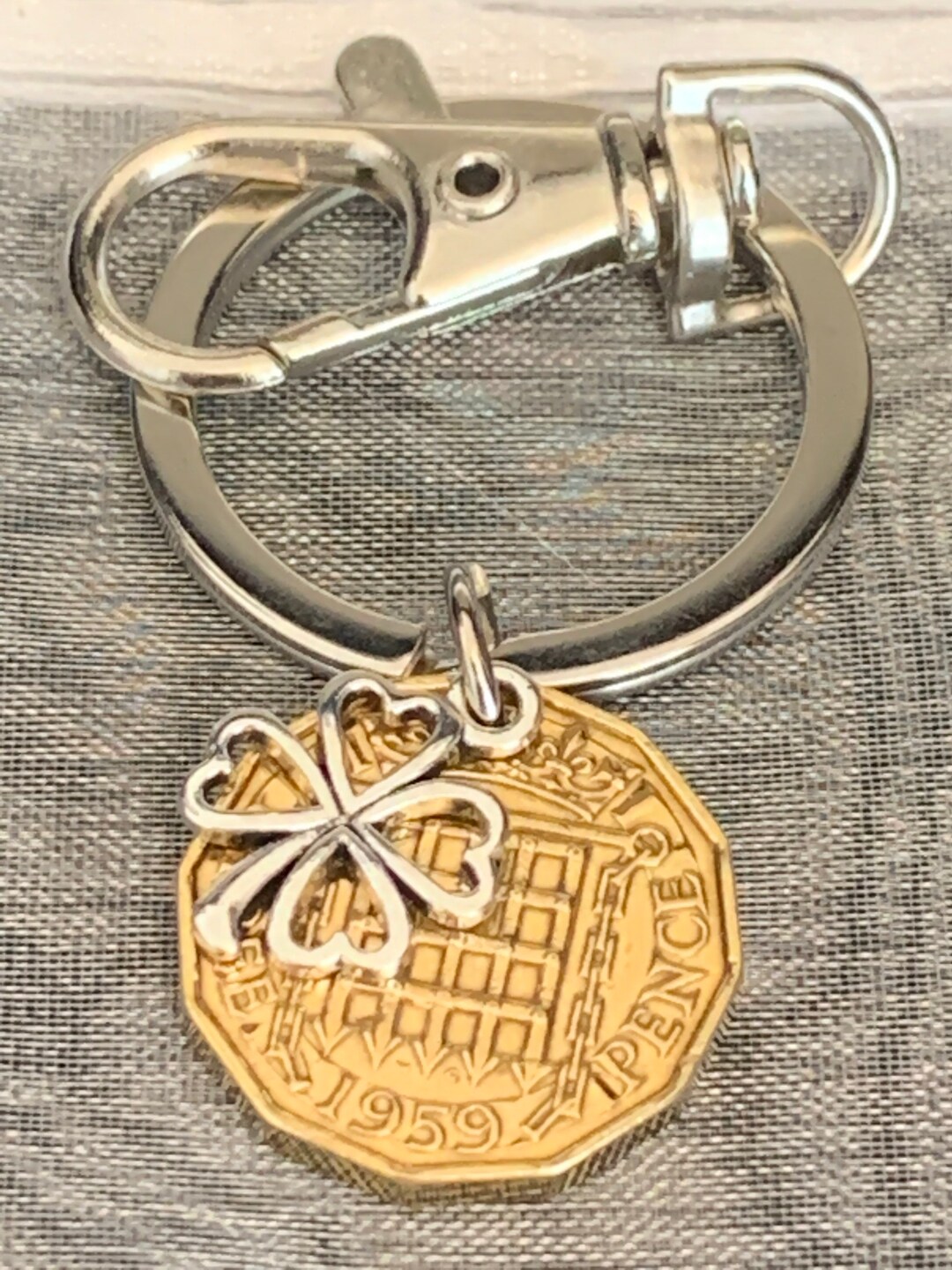 66th Birthday Polished 1959 Lucky Coin & Four Leaf Clover Charm Keyring ...