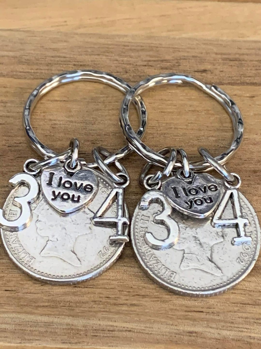 34th Wedding Anniversary Polished 1992 Coins and Charms on Keyring in ...